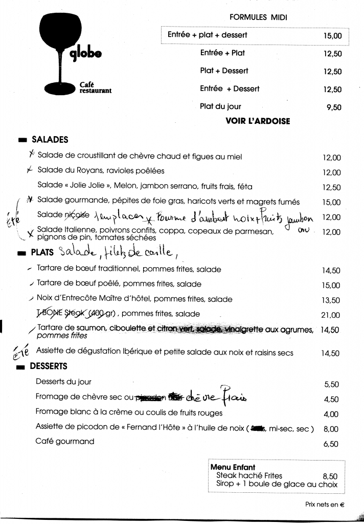 New menu design for the Café – Restaurant Le Globe « Jean-François Chaudet